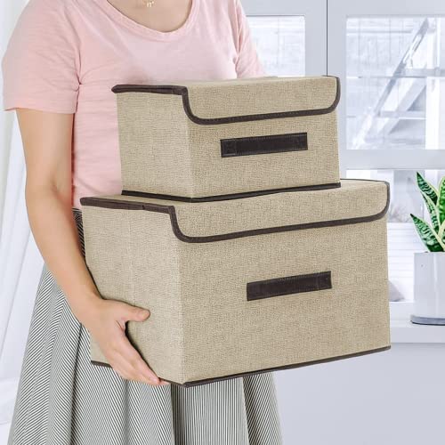 weallbuy Storage Bins with Lids Cloth Pack of 4 Foldable Storage Boxes Organizer Bins for Wardrobe, Clothes, Toys, Books, Cosmetics (Beige)