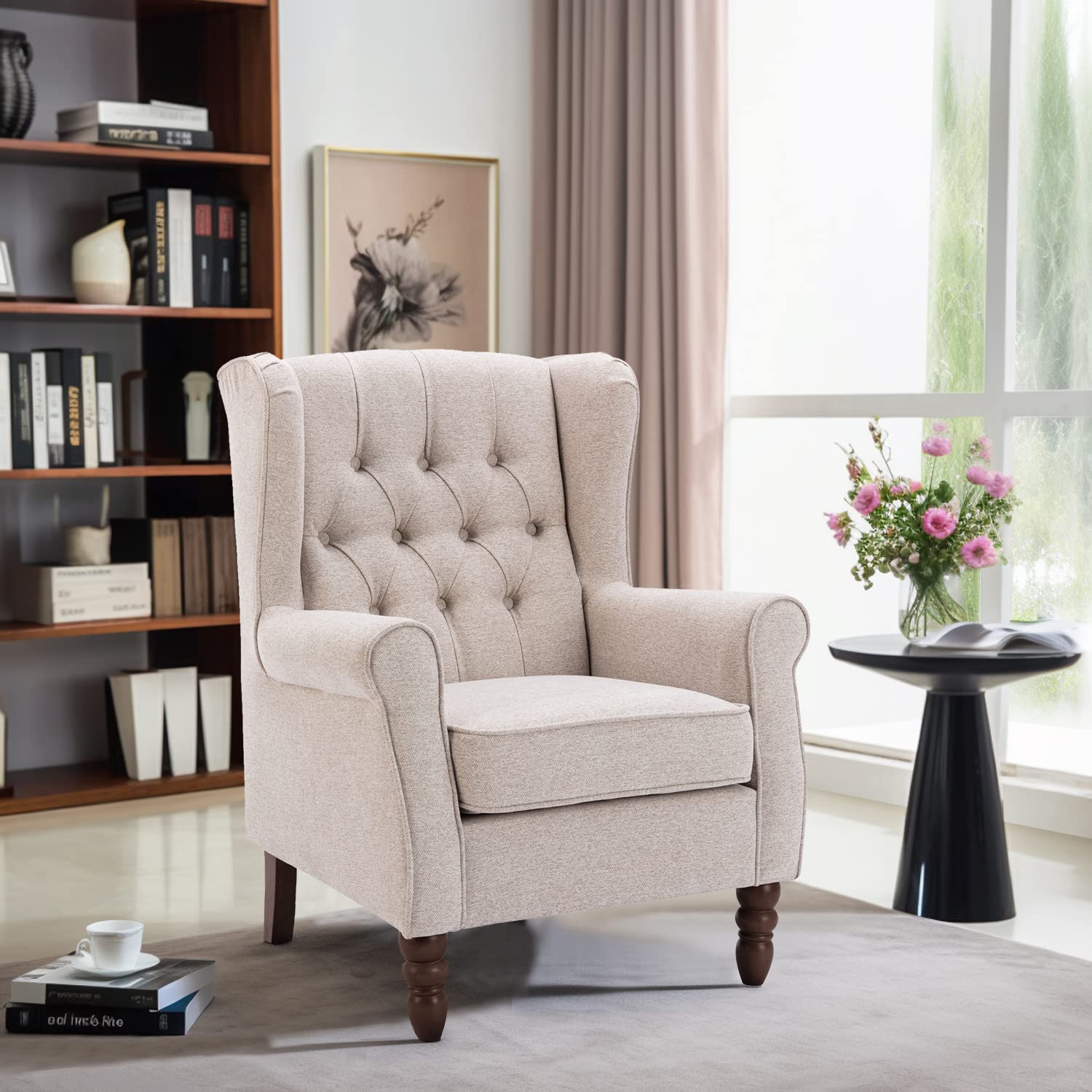 COLAMY Mid-Century Modern Living Room Accent Chairs, Thick Upholstered Button Tufted Wingback Armchair Fabric Sofa Arm Chair, Solid Wood Legs Padding Seat, Beige