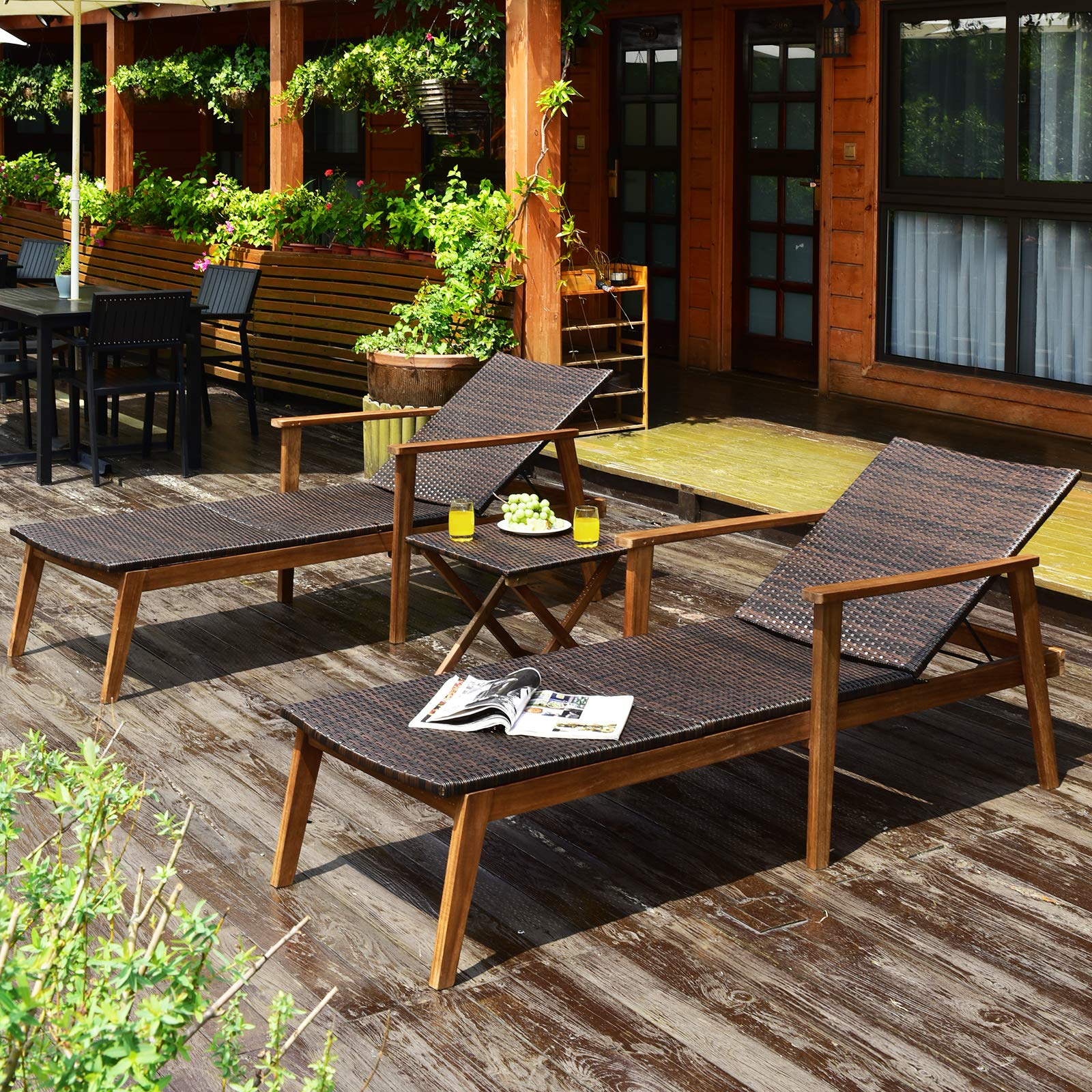 Tangkula 3 Pieces Outdoor Chaise Set, Wicker Rattan Lounge Chair w/Acacia Wood Frame, 4 Adjustable Positions Patio Wicker Lounge Set & Foldable Side Table, Suitable for Lawn, Backyard (Mix Brown)