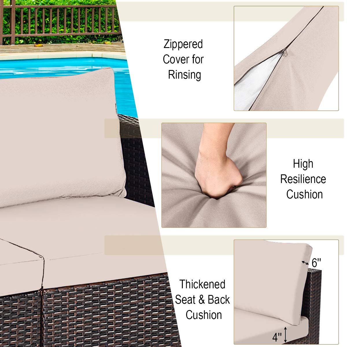 Tangkula 4 PCS Outdoor Wicker Corner Sofa Set, Patio Rattan Loveseat w/Removable Cushions, Sectional Sofa Set Additional Seats for Balcony Patio Garden Poolside (Brown)