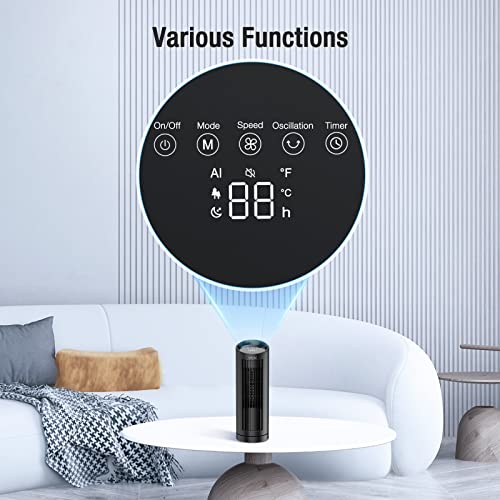 VCK Tower Fan, 80° Oscillating Fan with Remote Control, 13'' Portable Small Desk Fan, Adjustable 3 Speed, 12h Timer, 4 Mode, Personal Quiet Cooling Bladeless Table Fan For Bedroom Office Desktop