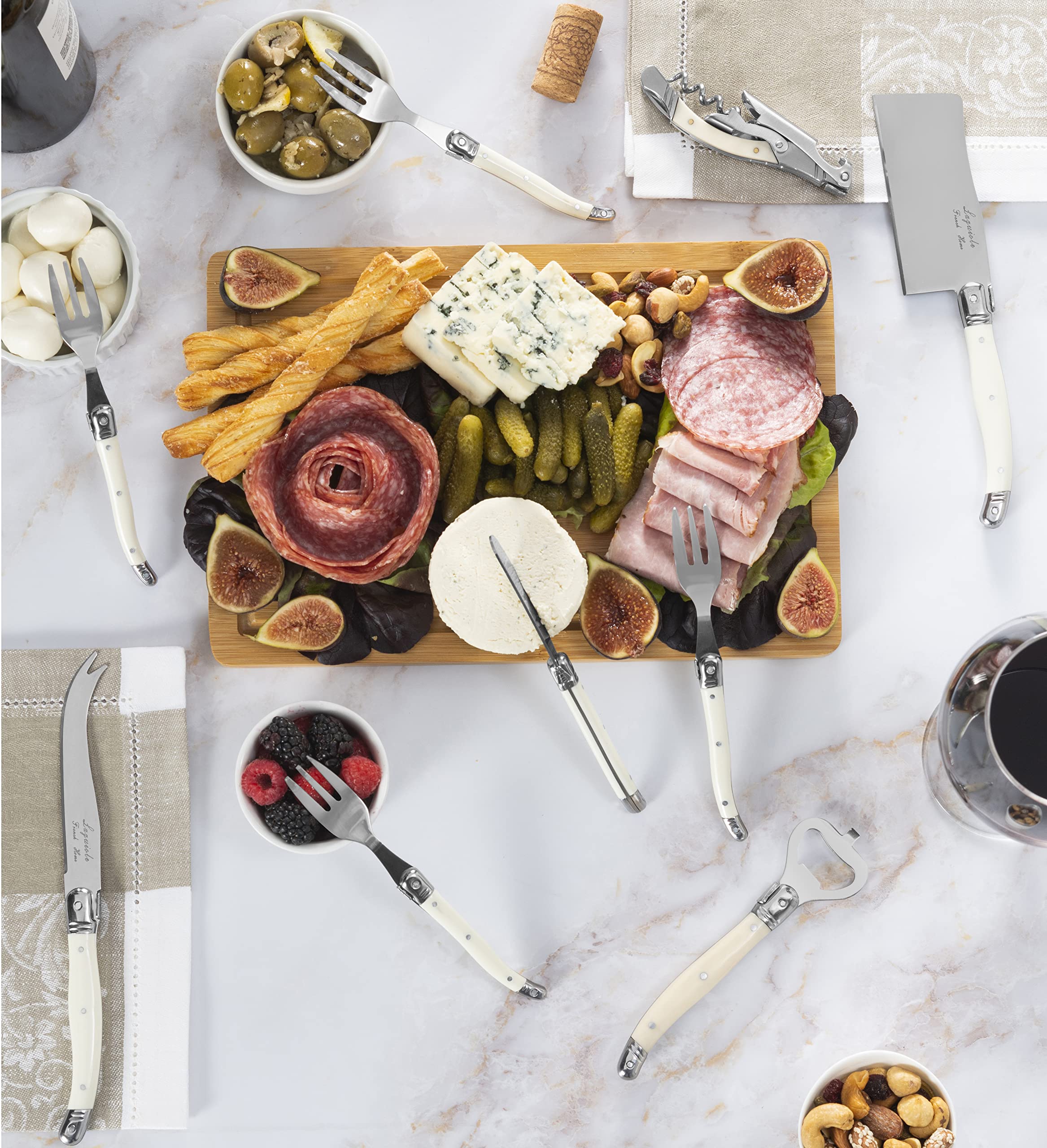 French Home Laguiole Charcuterie Serving Utensils Set of 9 β Kit w/Cleaver, Fork Set, barware & More β Cheese Serving Utensils w/Faux Ivory Handles for Parties