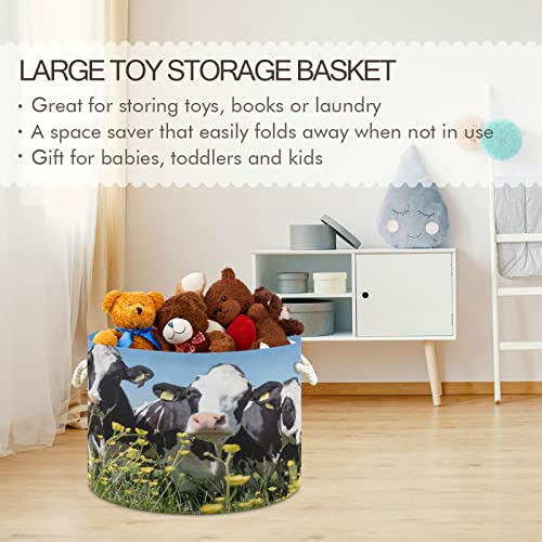 Kigai Black White Cows Round Storage Basket, Toy Basket Bin with Cotton Rope Handle, Laundry Basket Hamper, Clothes Organizer 20 x 14 In