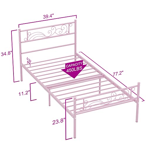 Weehom Metal Bed Frame Twin with Bed Storage,No Box Spring Needed,Heavy Duty Steel Slats Support for Boys Girls Teens Students Adults Pink