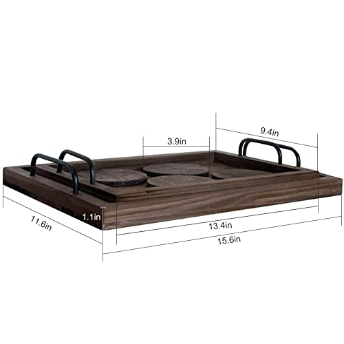 Juleduo Rustic Wooden Serving Trays with Handle-Set of 2-Decorative Nesting Food Board Platters 4 Coasters,for Breakfast Kitchen Ottoman Coffee Table