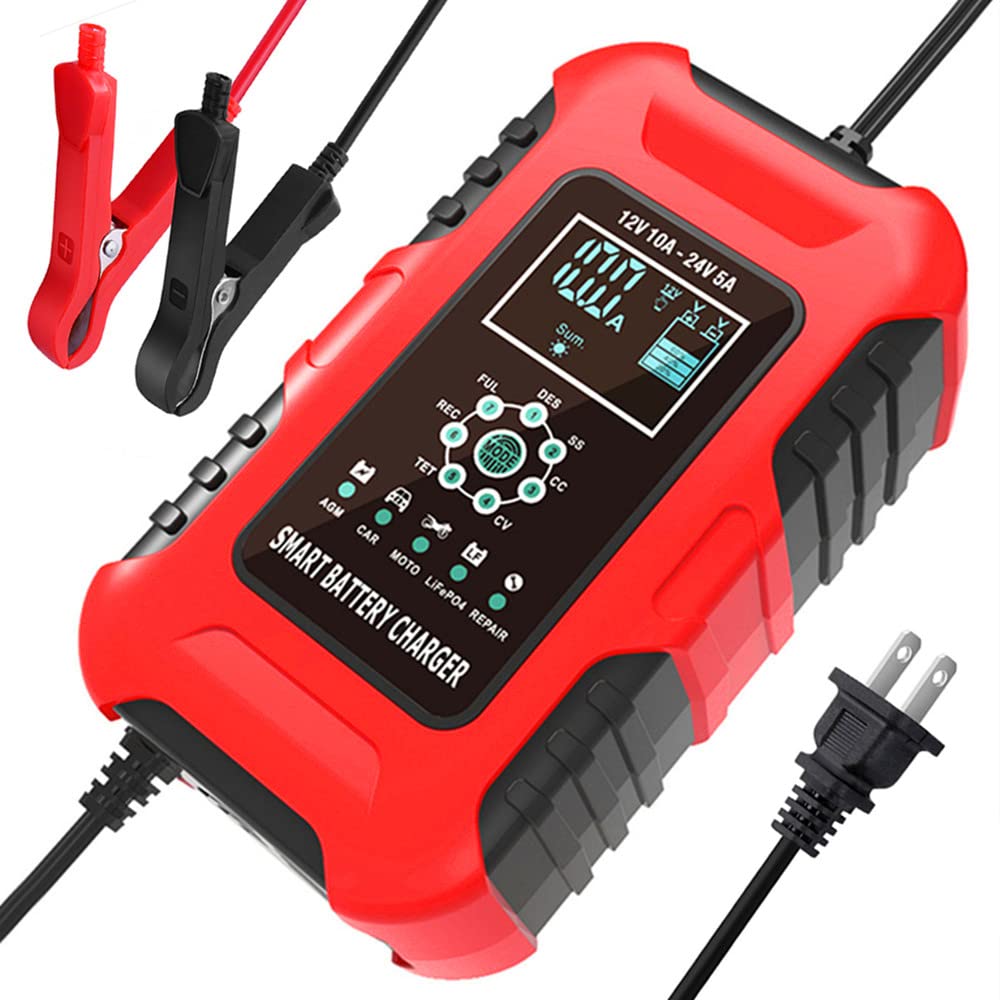 Foxsur 10-Amp 7-Stage Car Battery Charger for Wet/GEL/SLA/LiFePO4/Lead-Acid/AGM Batteries, 12V/ 24V Smart Battery Charger/Maintainer, for ATVs/Golf Cart/Motorcycle/Automobile/Marine etc Quick Charger