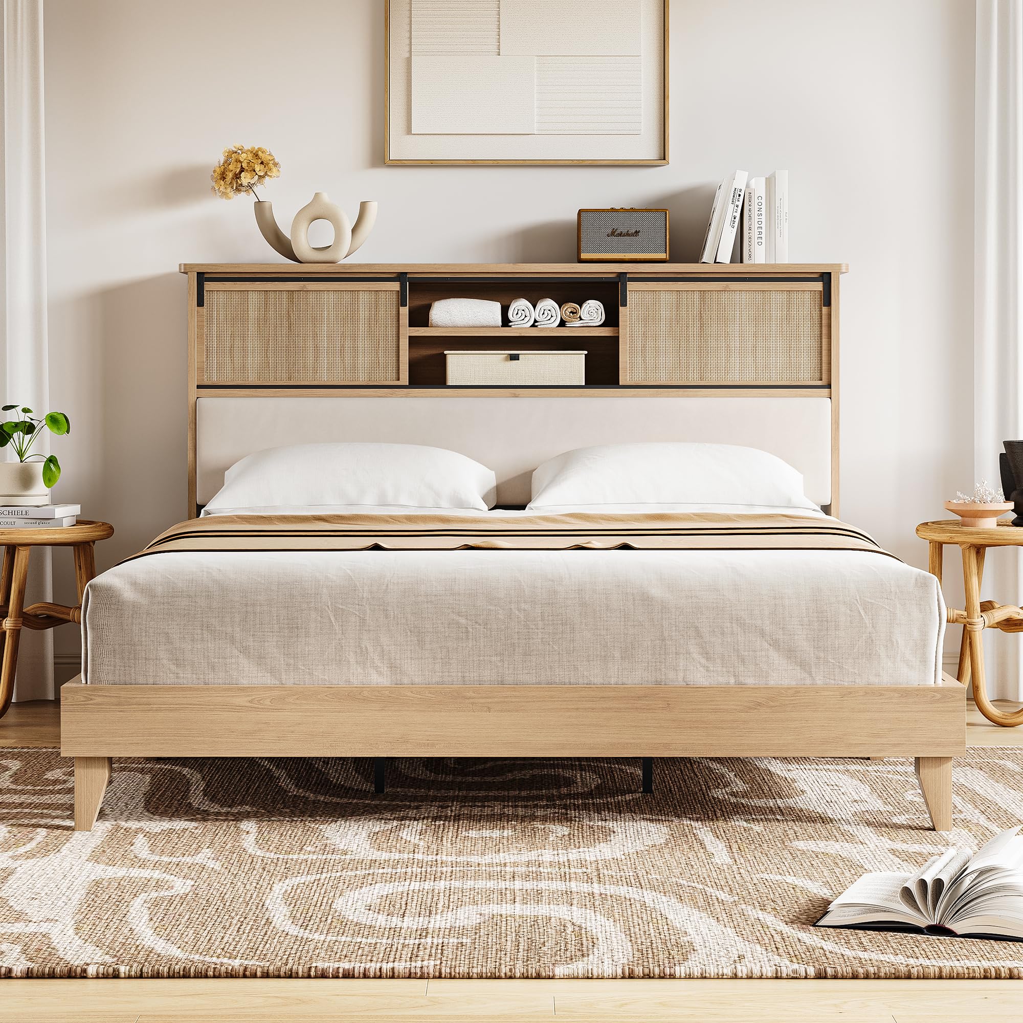GAOMON Rattan King Bed Frame with Headboard & Storage Shelves, Boho Rattan Bed Frame King Size, Solid Wooden Bed Foundation with Sliding Door Shelf, Noise-Free, No Box Spring Needed & Easy Assemble