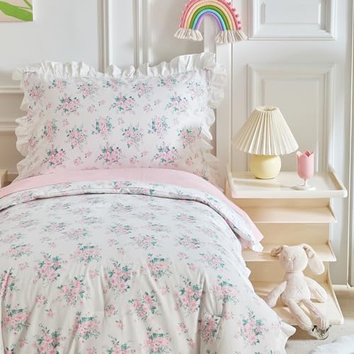 Cotton Toddler Bedding Set with Ruffle Fringe, 4 pc Floral Toddler Bed Set Includes Adorable Quilted Comforter, Fitted Sheet, Top Sheet, and Pillow Case (Purple and Yellow White Flowers)