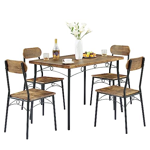 VECELO Dining Table Set 5 Piece Dinette with Chairs for Kitchen, Breakfast Nook and Small Space, Brown, Table & Chair for 4