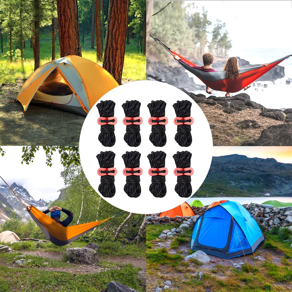 Fawcotu 8pcs Reflective Tent Rope,4m Camping Rope Lightweight Guy Lines Tent Cord with Adjuster for Outdoor Hiking Accessories