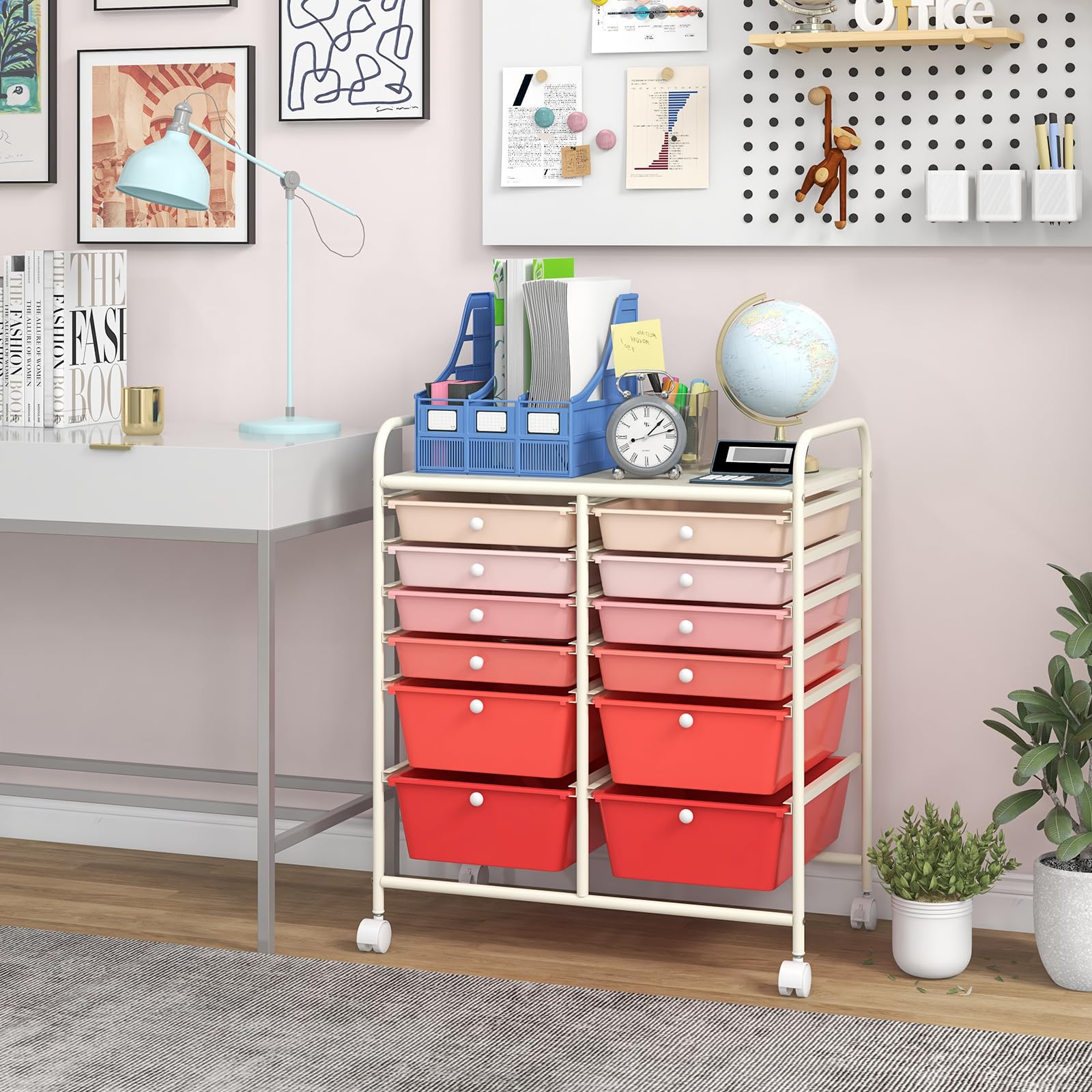 SILKYDRY 12 Drawer Rolling Storage Cart, Art Cart Organizer on Wheels, Mobile Utility Cart with Drawers, Multipurpose Craft Drawers for Home Office School Classroom (Mixed Pink)
