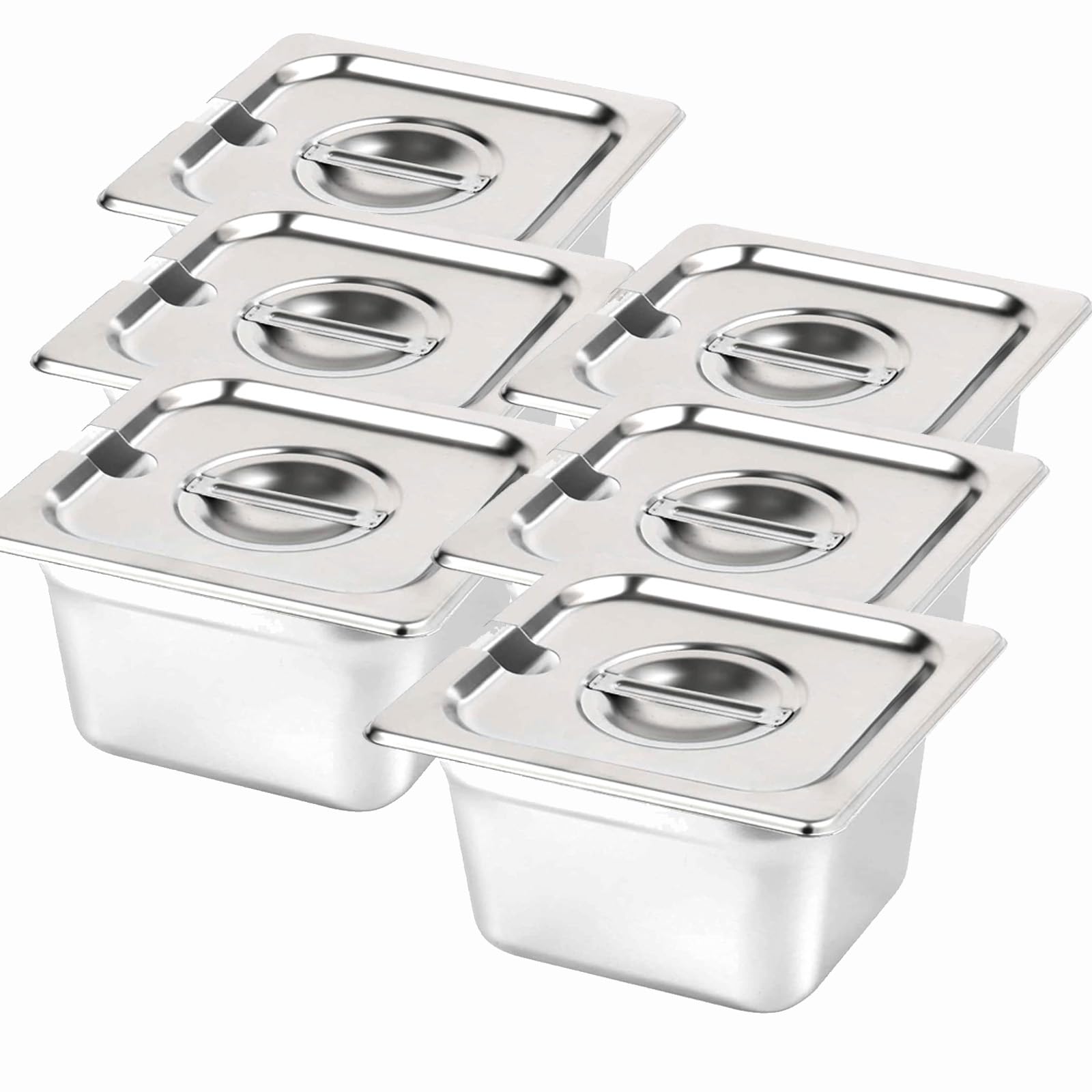 Generic 6 Pack Steam Table Pan, 4in Deep 1/6 Size Stainless Steel Food Pan Stackable Catering Pan with Lid for Restaurant, Hotel, Buffet, Party Supplies, 1.5L Capacity, Silver, KHJ93