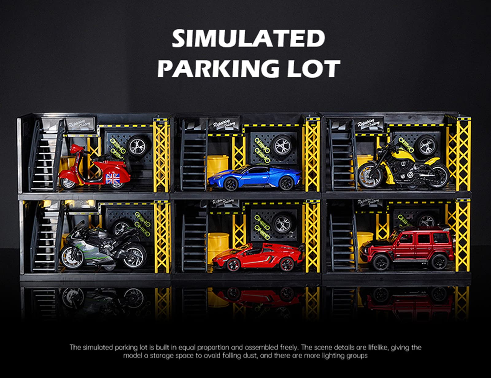 Gilumza Display Case DIY Simulation Scenario Die-cast Model with LED Light, Garage Scene Model for Motorcycle Toy Car Toys Collectibles Assemble (9x4x5inch)