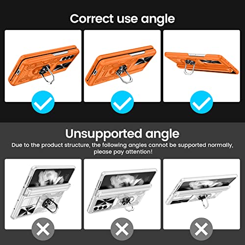 VEGO for Samsung Galaxy Z Fold 3 Case with Stand, Slide Camera Cover & Screen Protector & 360°Ring Magnetic Kickstand Military Grade Heavy Duty Protective Case for Galaxy Z Fold 3- Orange