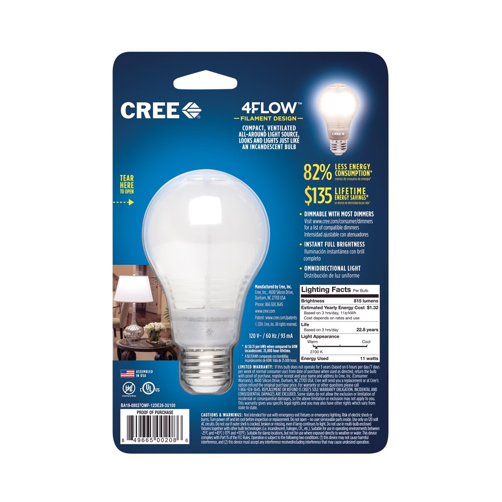 Cree 60W Equivalent Soft White (2700K) A19 LED Light Bulb with 4Flow Filament Design