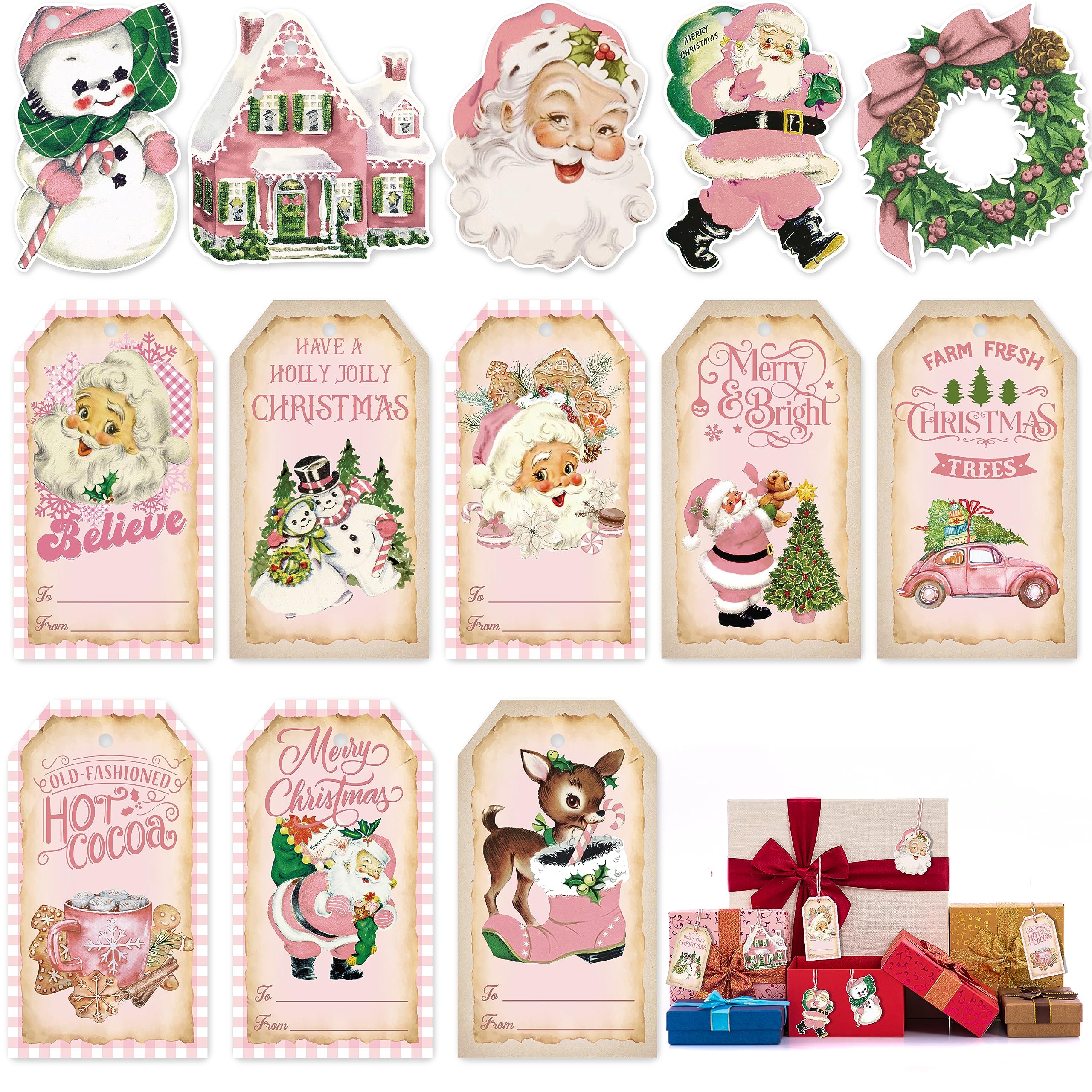 K1tpde 137PCS Pink Vintage Christmas Gift Tags with 30m Hemp Rope Merry Christmas Hanging Paper Tags with String Decor for Christmas Tree Christmas Winter Holiday Wish Labels for Gift Wrapping Present
