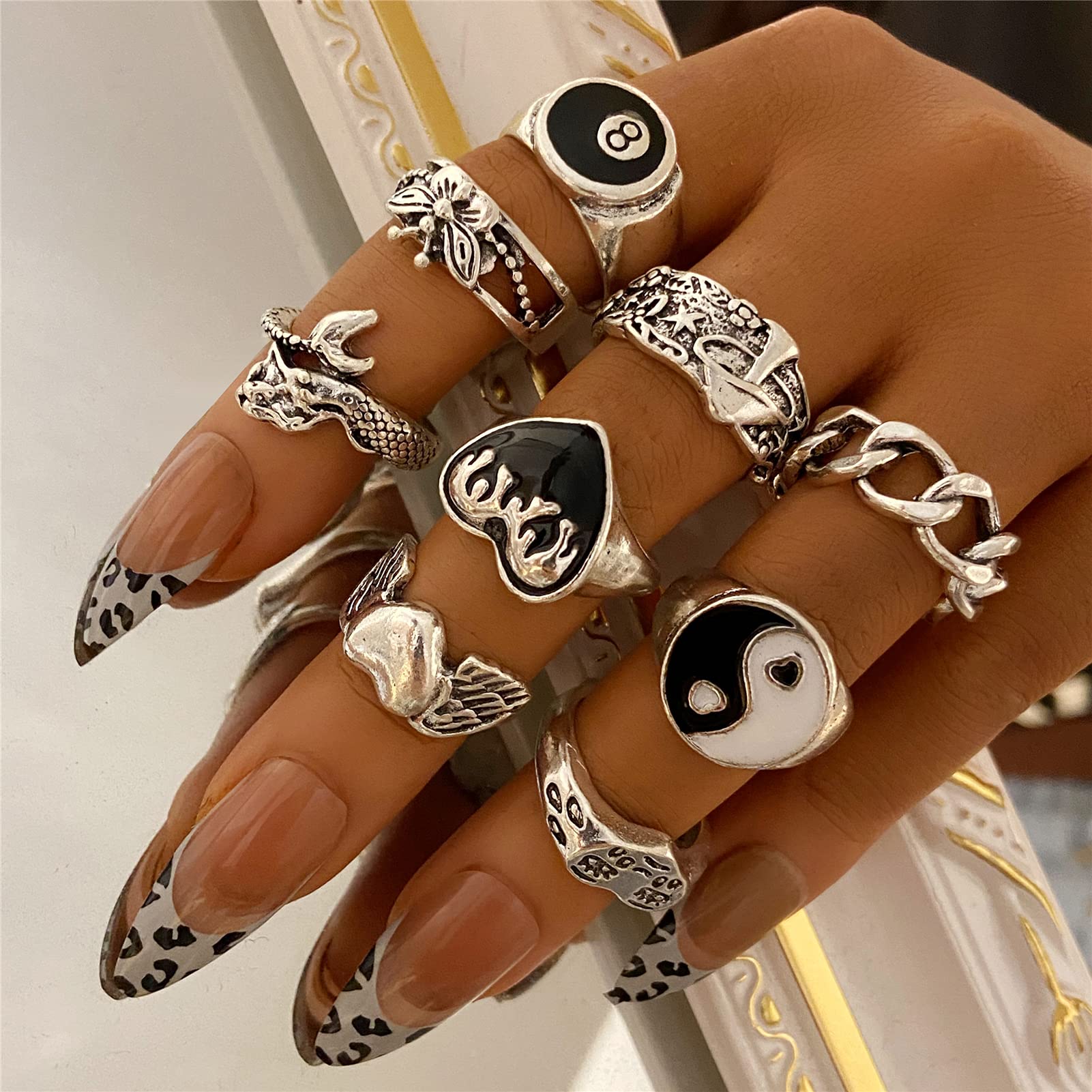 FAXHION Vintage Silver Open Punk Rings for Men Women, 24PCS Adjustable Rings, Chunky Silver Rings, Bulky Rings,Cool Gothic Ring,Statement Stacking Ring, Skull Snake Star Flower Heart Y2K Ring