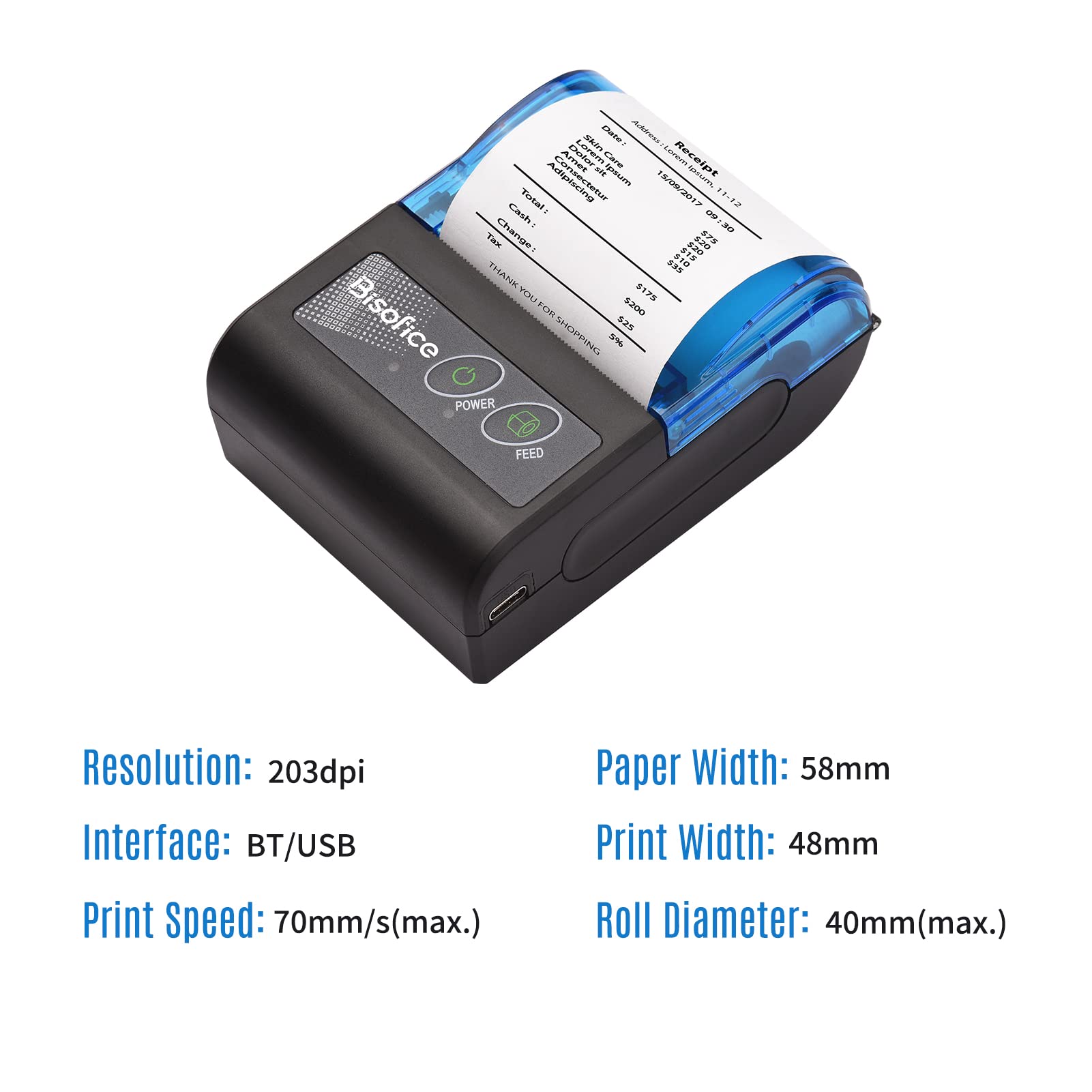 Irfora Portable Mini Thermal Printer 2 inch Wireless USB Receipt Bill Ticket Printer with 58mm Print Paper Compatible with iOS Android Windows for Restaurant Sales Retail