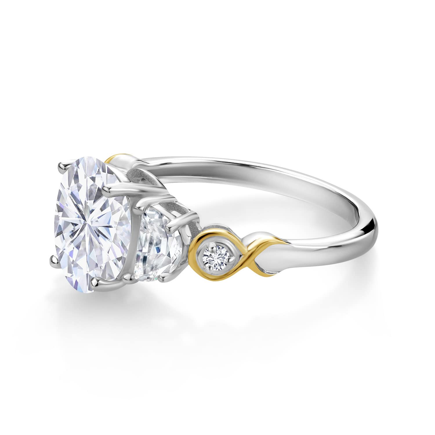 Gem Stone King 925 Silver and 10K Yellow Gold Moissanite and Lab Grown Diamond 3-Stone Women Wedding Engagement Anniversary Promise Ring (2.60 Cttw, Available In Size 5, 6, 7, 8, 9)