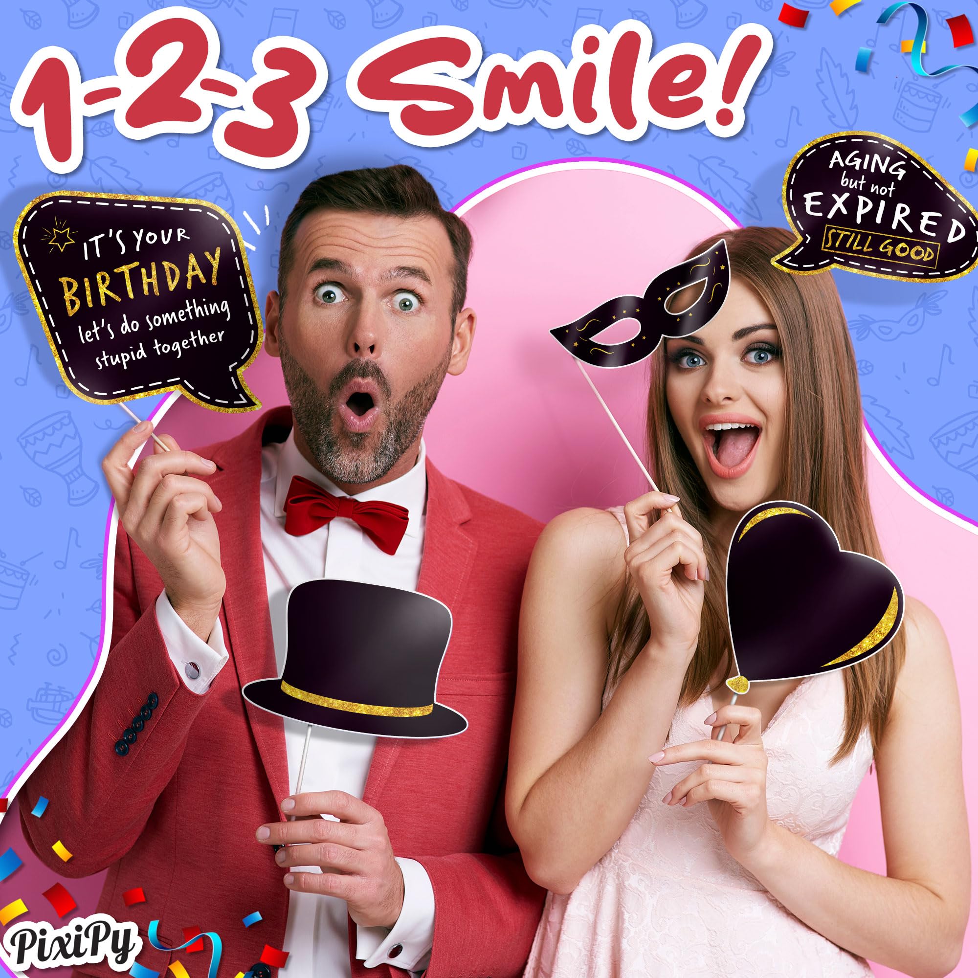 Premium Birthday Photo Booth Props Kit - 27 Pieces Black & Gold Party Decorations - Durable & Easy-to-Use Photobooth Props Signs for Memorable Photos - Party Supply Decorations - by PixiPy
