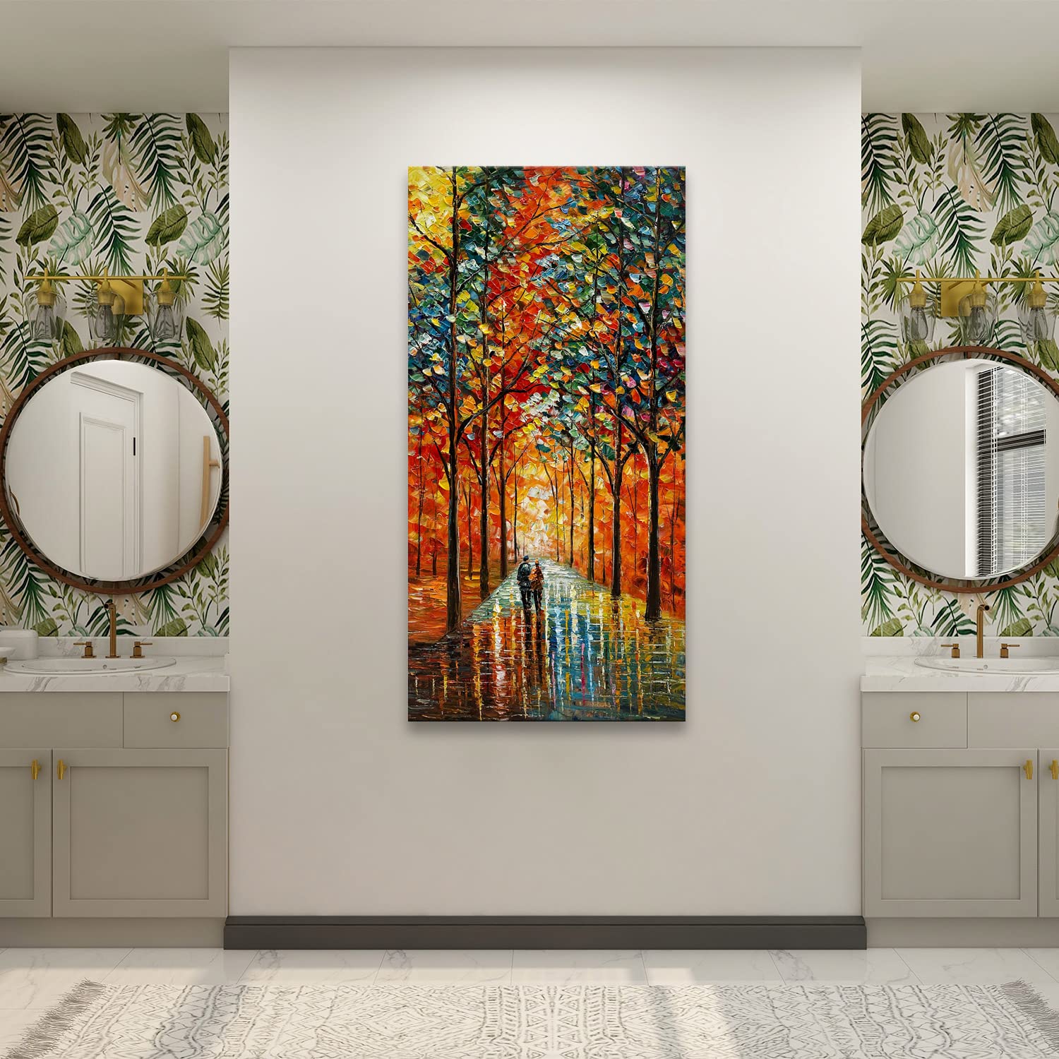 Creespi Hand Painted Landscape Oil Painting Wall Art 24x48 inch,Contemporary Abstract Textured Tree Wall Paintings for Wall Decorations