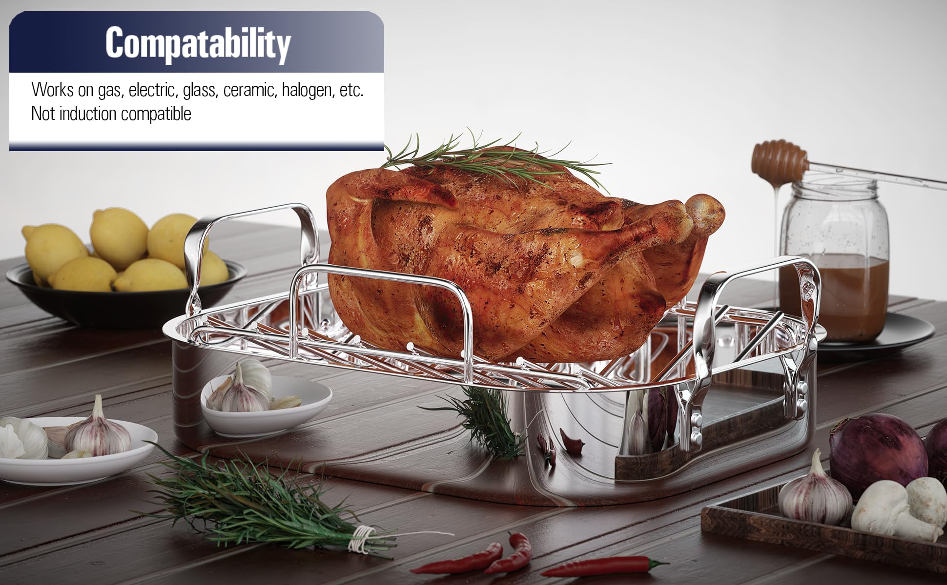 Cooks Standard Stainless Steel Roaster Pan with V-Shaped Rack, 16-Inch by 13-Inch Turkey Roasting Pan Bakeware for Oven, Rectangular