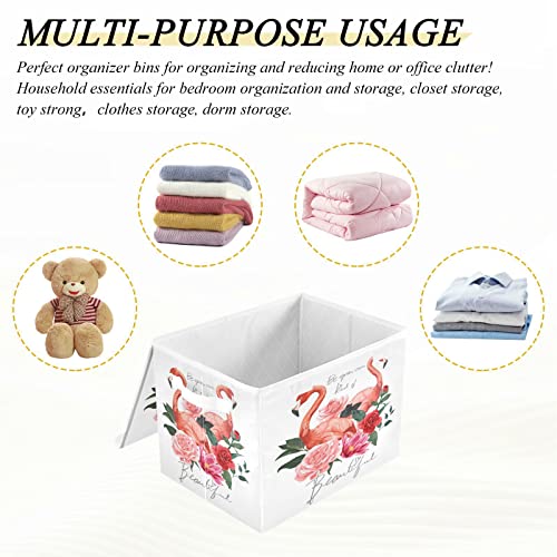 Kigai Flamingos Storage Bins with Lids and Handles 17x13x12 In Foldable Fabric Storage Basket Toys Clothes Organizer for Shelves Closet Home Bedroom Office
