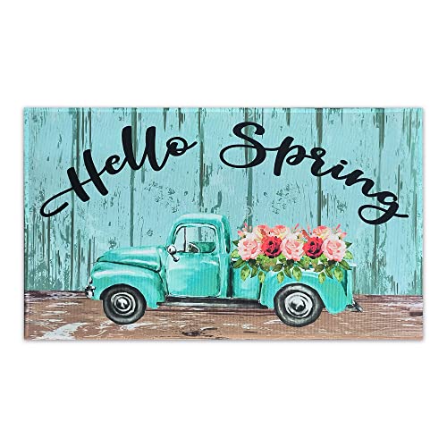 kukli kitchen Spring Door Mat 30 X 17 Inch - Floral Truck Hello Spring Doormat Indoor Outdoor Entrance Patio Floor Mat Non Slip Durable Spring Decor Rubber Mats