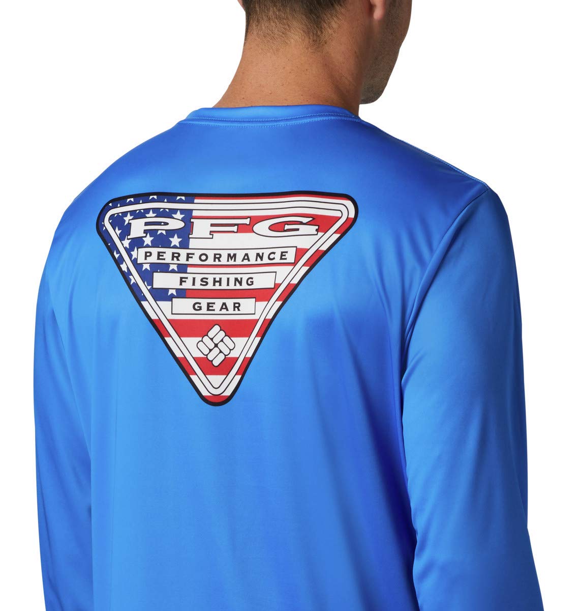 Columbia Men's Terminal Tackle PFG Country Triangle Long Sleeve, Vivid Blue/USA Flag, XX-Large