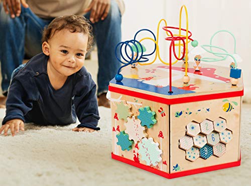 Wooden Activity Cube XL Size by Small Foot โ Classic 7-Sided Interactive Toy with Bead Maze, Puzzle, Shape Sorter, Clock & Wheels - Develops Kids Dexterity, Motor Skills โ Age 12+ months