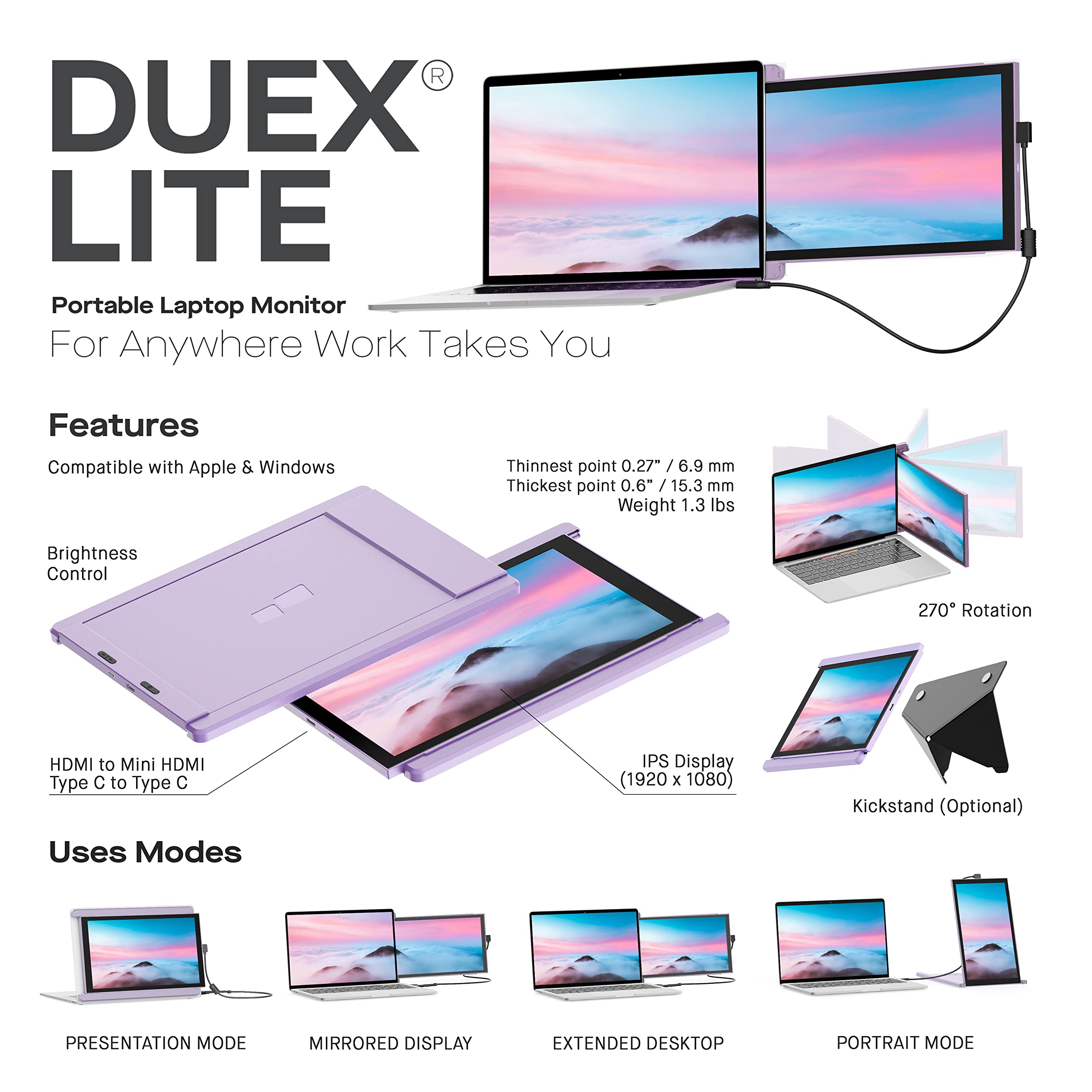 Duex Lite Portable Monitor with Privacy Screen, Mobile Pixels 12.5" Full HD IPS Screen Extender, USB C/HDMI Powered Plug and Play, (1*Misty Lilac Lite and 1* Privacy Screen)