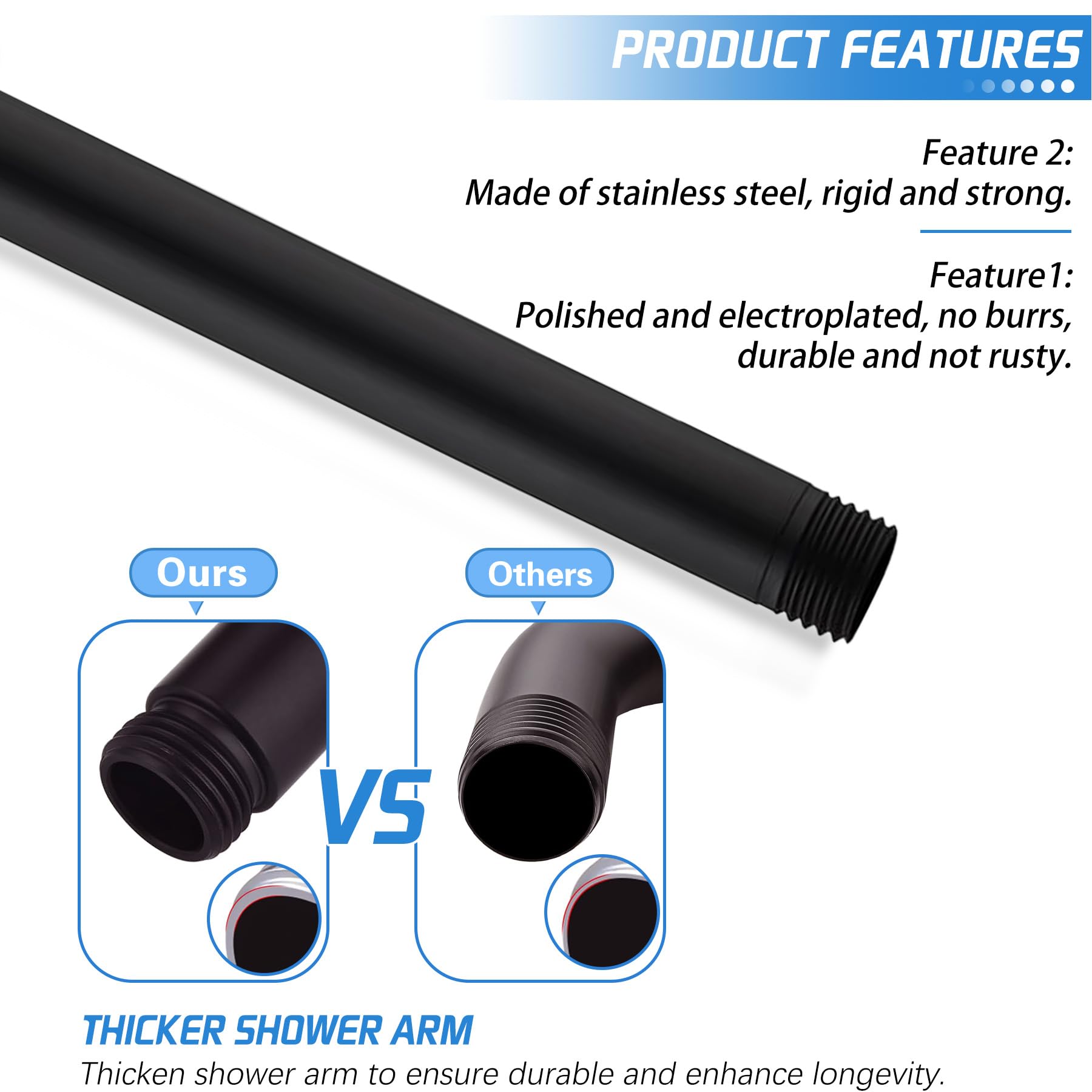 Enoughmen Ceiling Mount Shower Arm with Flange for Rain Shower Head,Stainless Steel Straight Arm for Fixed Shower Head,3 Inch Matte Black