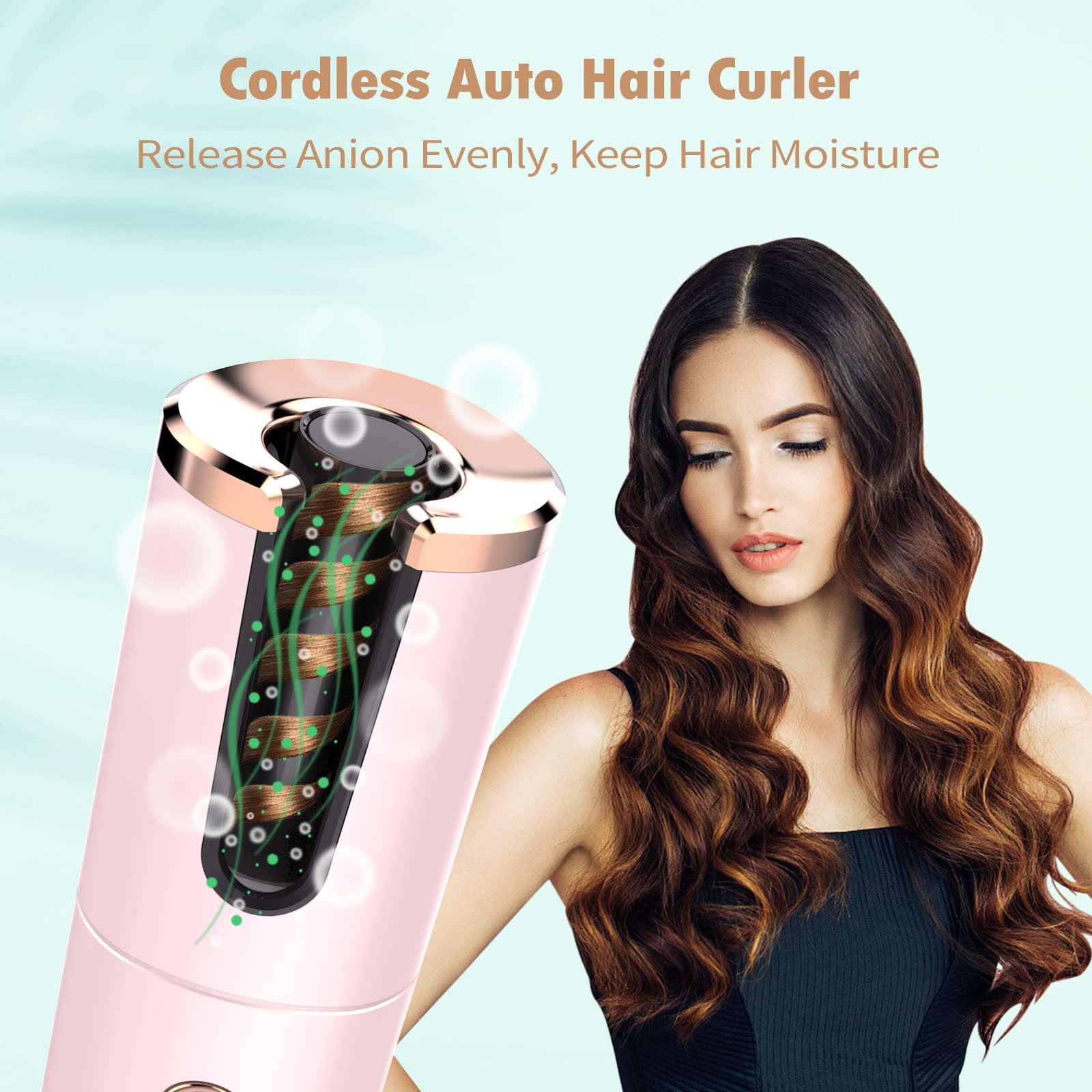 Cordless Automatic Hair Curler, Auto Curling Iron with LCD Display Adjustable Temperature & Timer, Ceramic Hair Curler USB Charging and Rechargeable, Portable Hair Styler for Travel (Pink)
