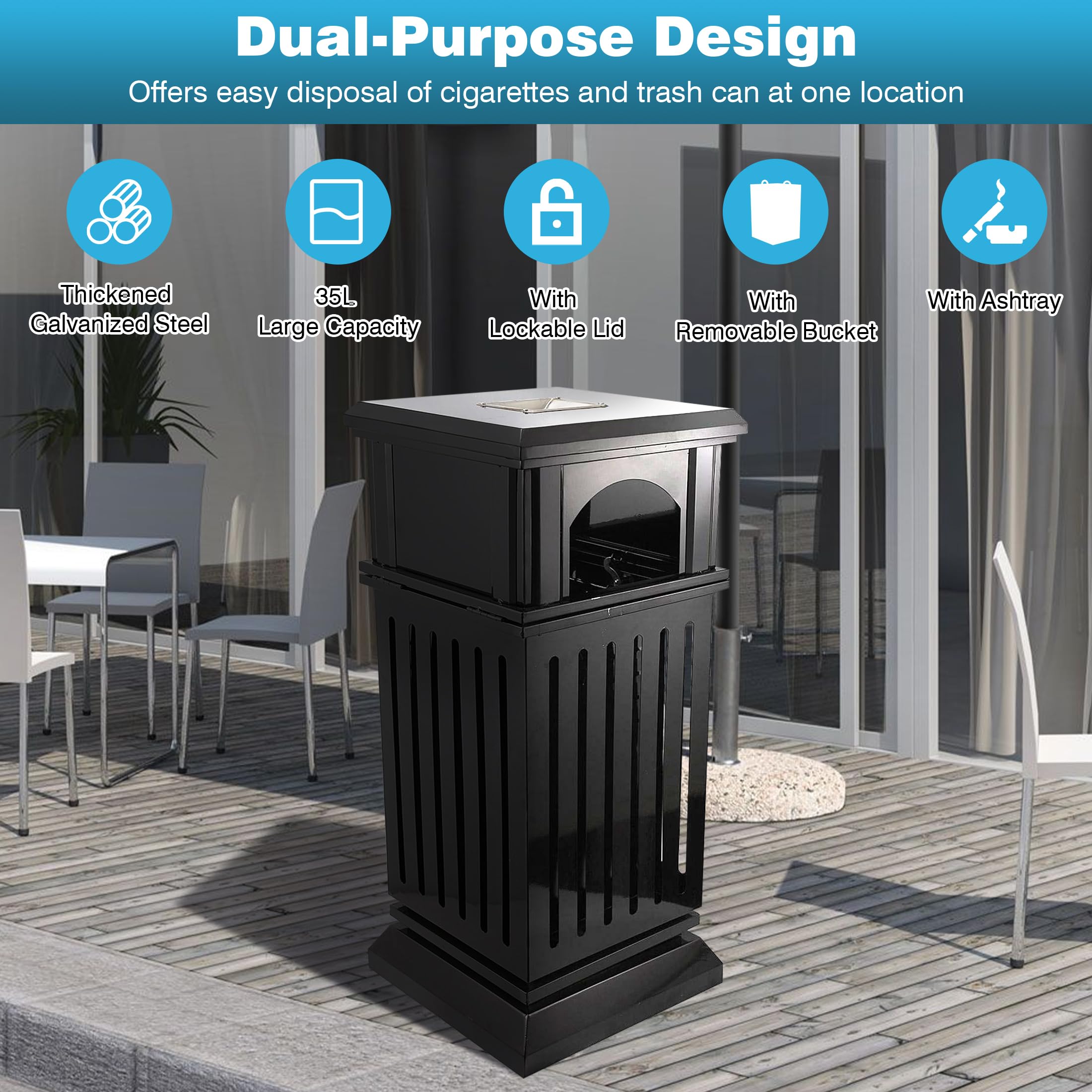 IRONWALLS Commercial Trash Can with Lid, Black Outdoor Garbage Can for Patio, Side Opening Steel Square Commercial Waste Bin, Decorative Trash Container with Removable Inner Bucket for Park, Garden