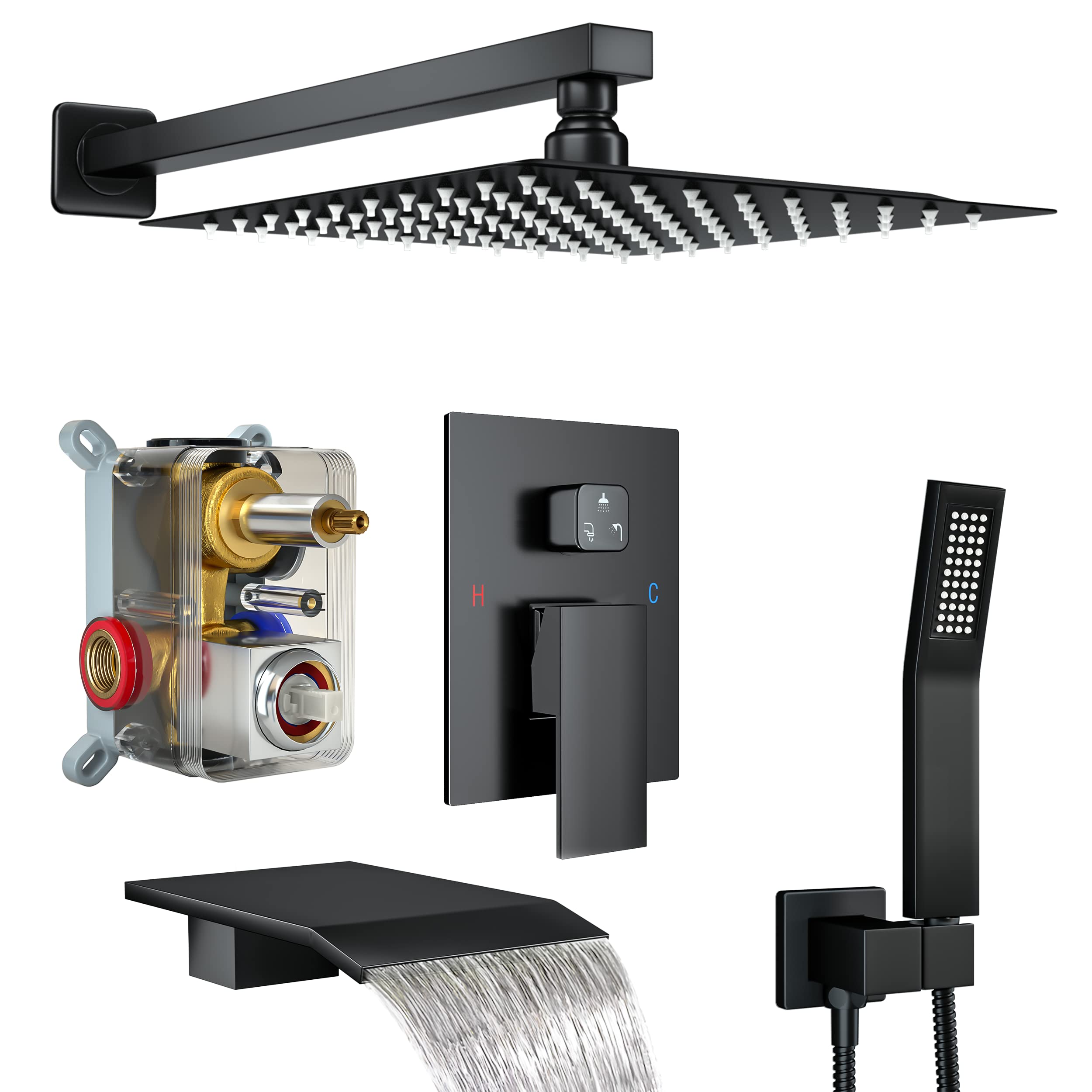 Fatspas Shower System with Tub Spout, Wall Mounted Shower Faucet Set for Bathroom with 12 Inch Rain Shower Head and Handheld Shower Head Set, Matte Black