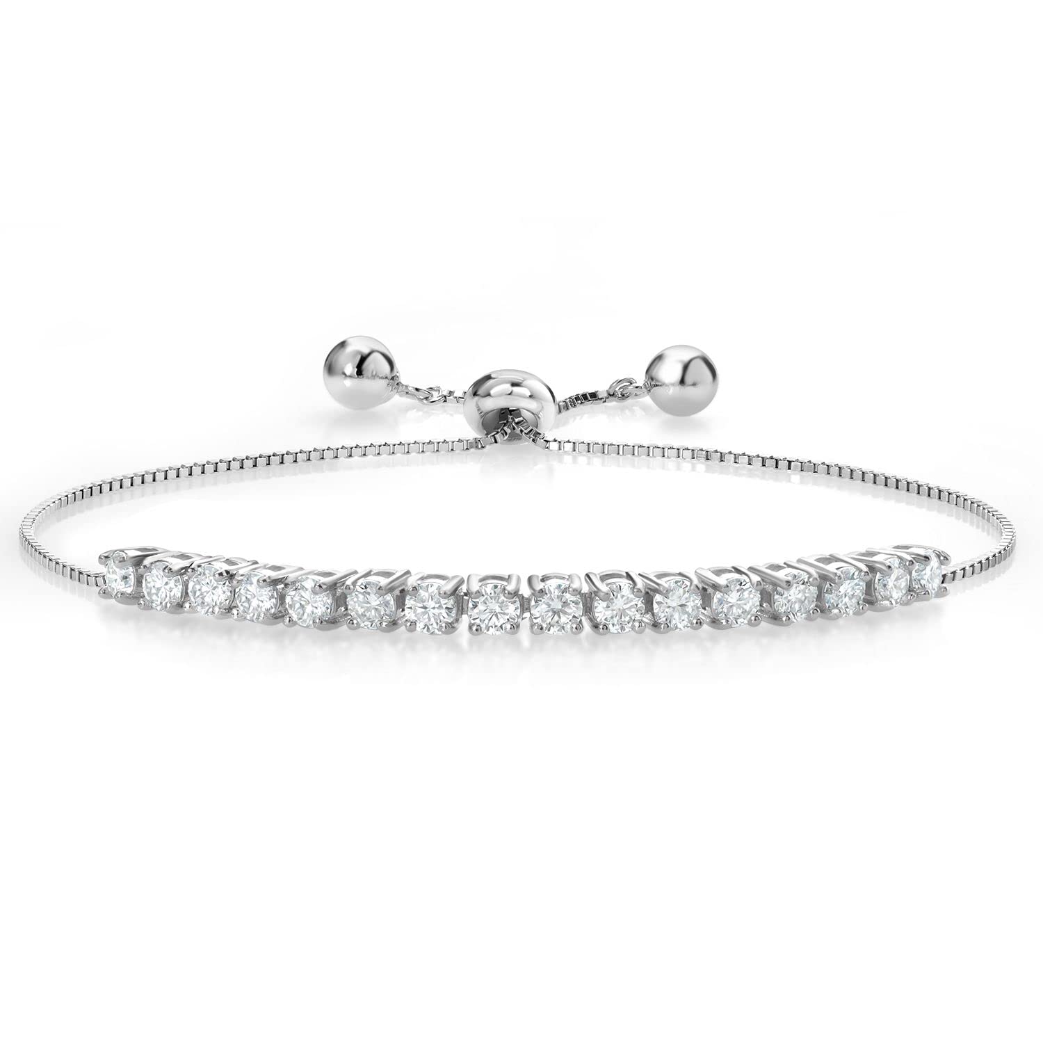Gem Stone King Moissanite Tennis Bracelet For Women Bridal Wedding Fashion with Box Chain and Slider (1.60 Cttw, Round 3MM, Fully Adjustable Up to 9 Inch)