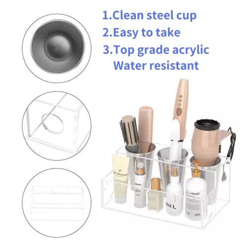 Happy start Acrylic Hair Tool Organizer - Blow Dryer Holder, Hair Styling Tools & Accessories Organizer Vanity Caddy Storage Stand with Heat Resistant Stainless Steel Cups (Regular, Black)