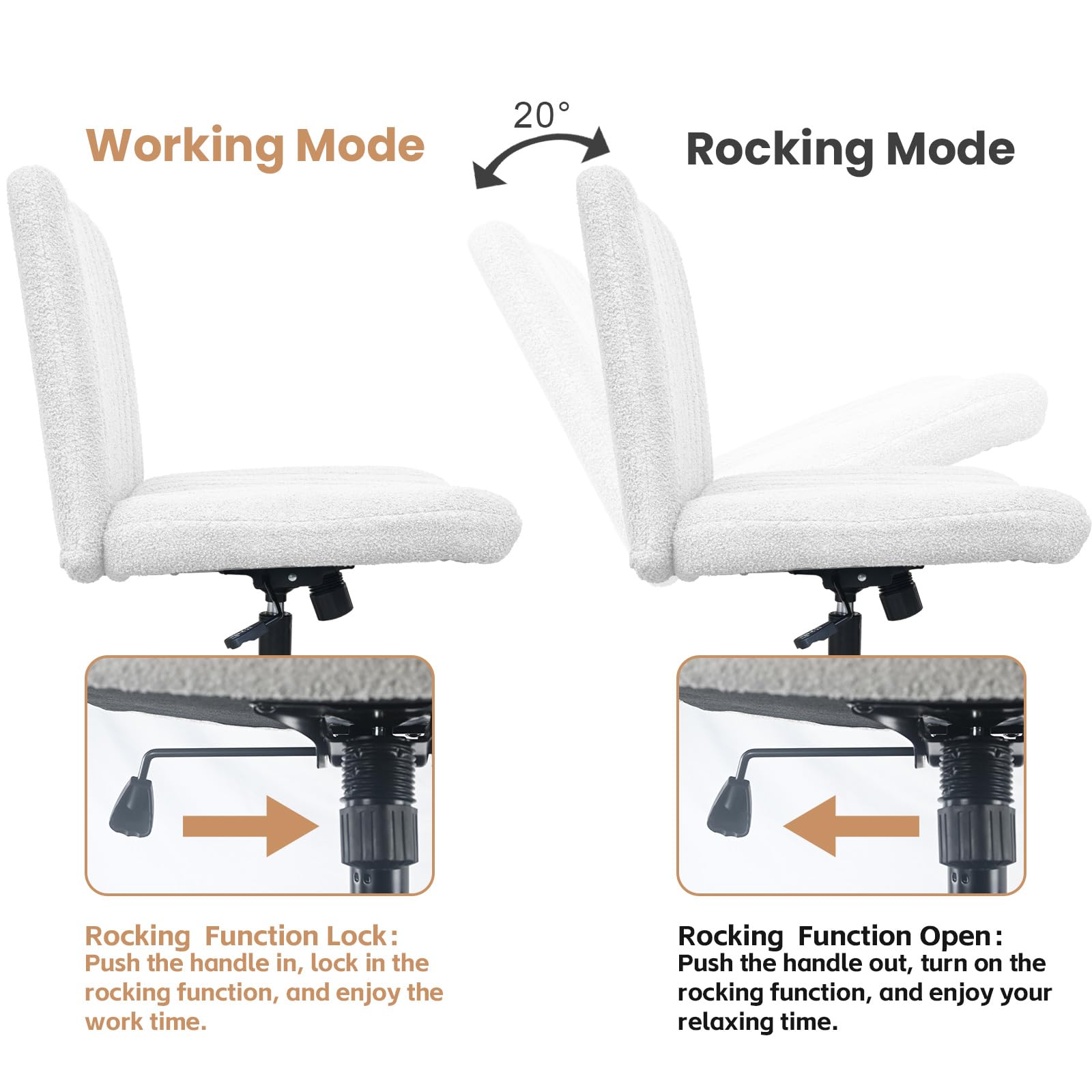 Kadunmina Armless Office Desk Chair with Wheels, Modern Swivel Computer Task Chair Comfortable Adjustable Wide Seat Vanity Chair for Home, Bedroom, Make Up(White)