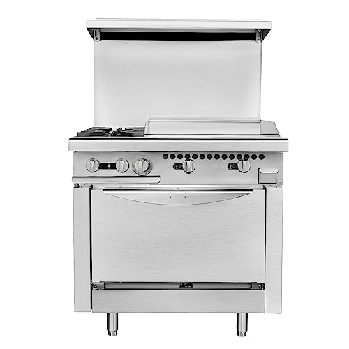 WMAOT 48" Commercial Range with 4 Burner 4.25 Cu.Ft 2 Electric Oven 24" Griddle 214000 BTU Manual Natural Gas Range for Commercial Kitchen Restuarant Bar