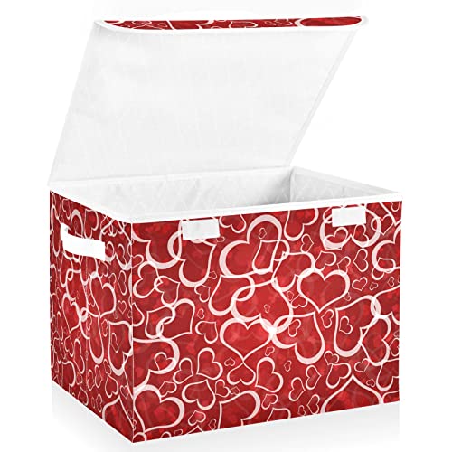 Kigai Storage Basket Valentine's Day Hearts Storage Boxes with Lids and Handle, Large Storage Cube Bin Collapsible for Shelves Closet Bedroom Living Room, 16.5x12.6x11.8 In