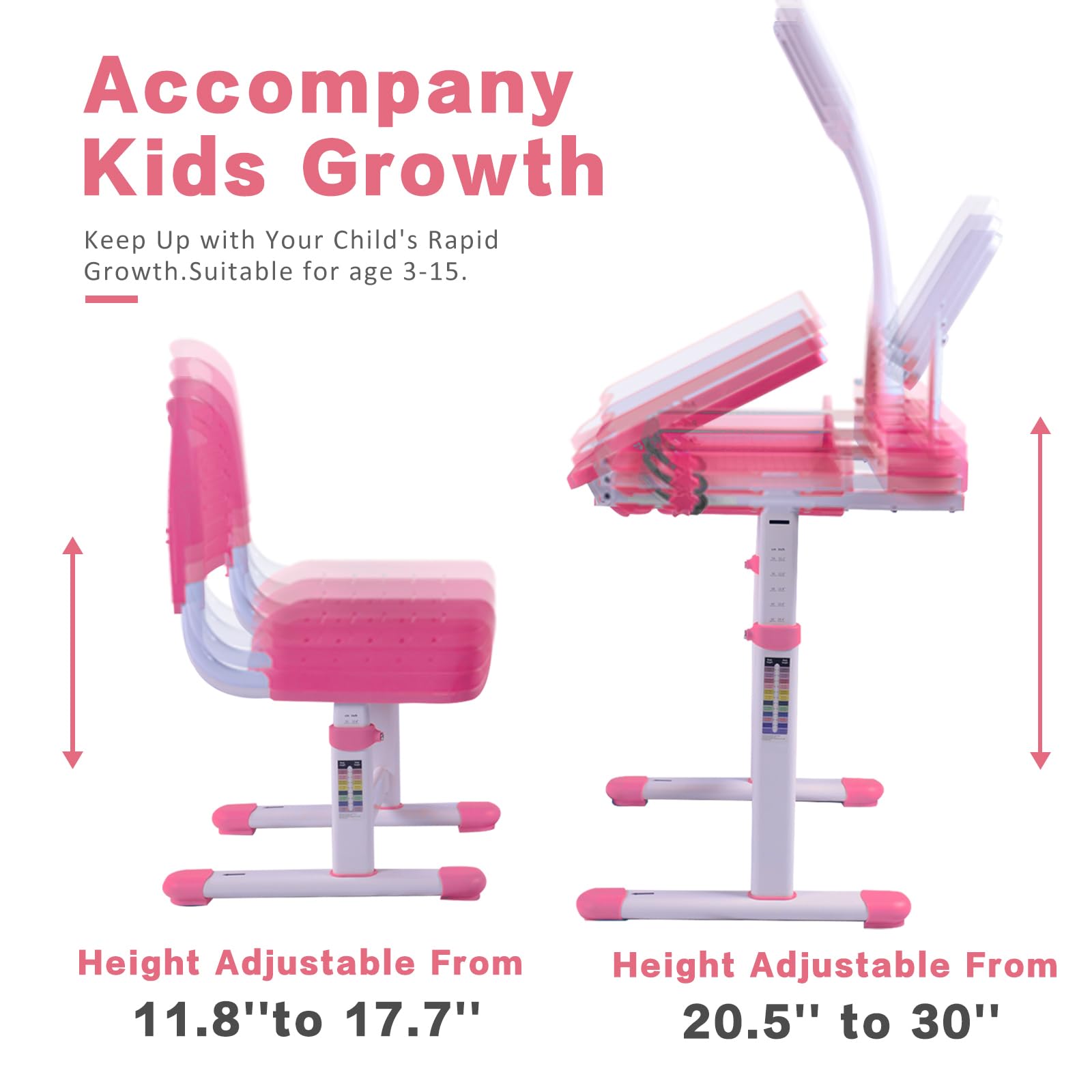 Napfox Desk for Kids Desk and Chair Set Kids Art Desk Drafting Table Desk Set with Adjustable Height, 40-Degree Tiltable Children Desktop, LED Light,Bookstand,Pink
