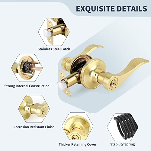 LOQRON Wave Style Door Lever Keyed Entry Door Handle with Lock, Entrance Lever Reversible for Left/Right Handed for Office or Front Door with Satin Brass Finish, 1 Pack