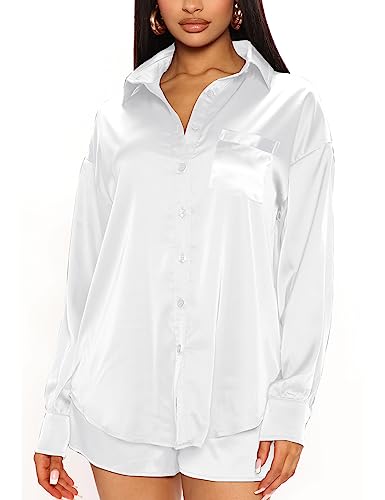 SWOMOG Women's Silk Lounge Sets 2 Piece Outfit Pajama Set Satin Button Down Tops Summer Silk Long Sleeve Shirts with Pocket White