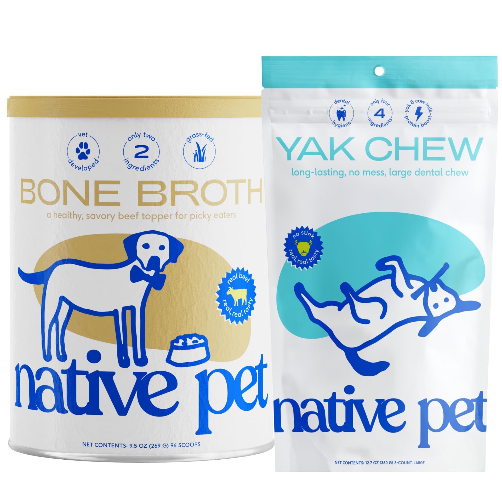 Native Pet Beef Bone Broth for Dogs (9.5 oz) & Yak Chews for Dogs (3 Large Chews)