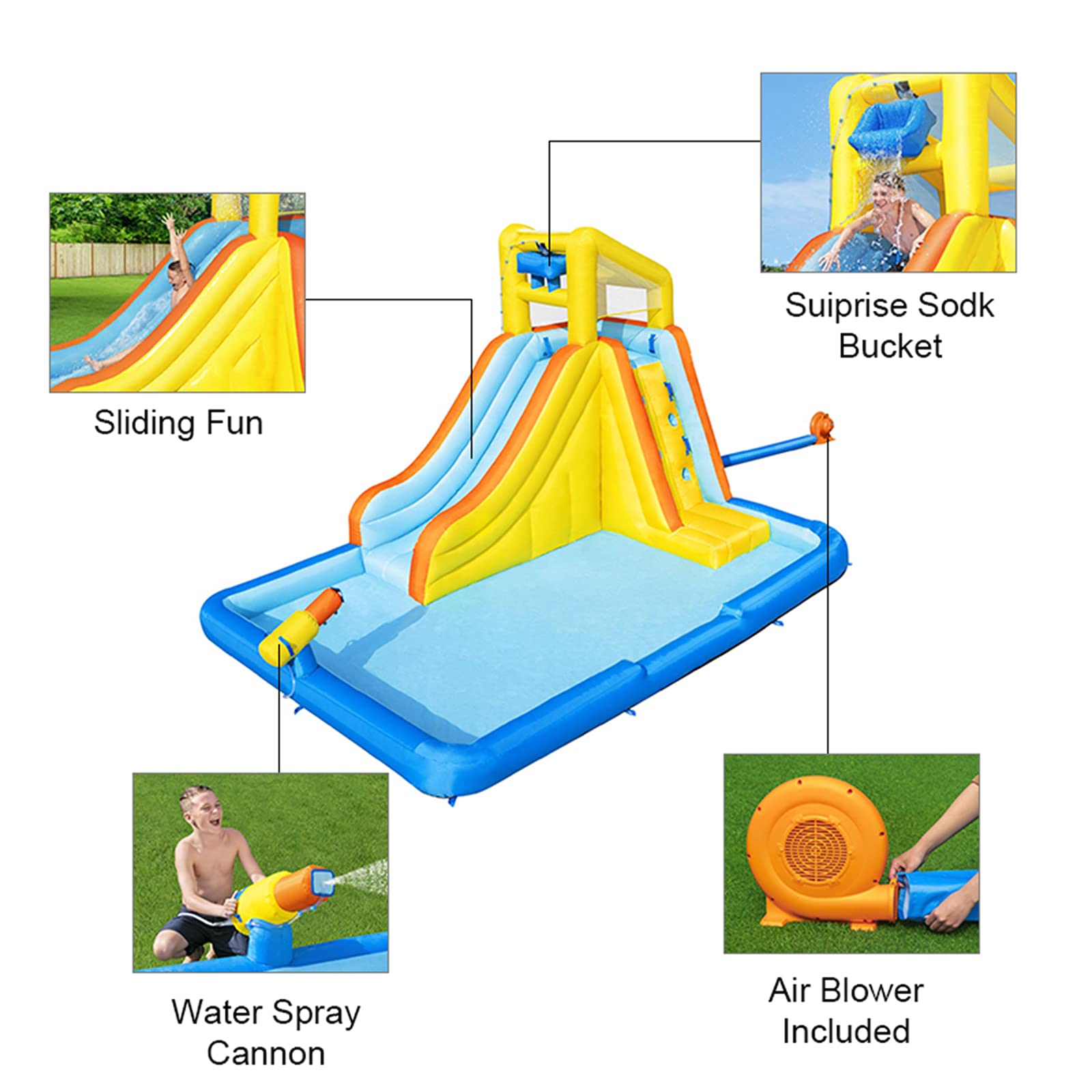 FBITE Inflatable Bouncy Castle, Jumper House Water Pool Slide Activity Center with Water Slide, Climbing Wall, Water Gun and Pool Area for Kids