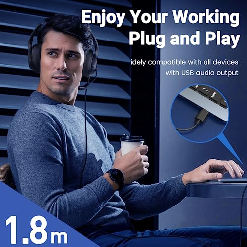 Headset with Microphone for PC, USB Computer Headsets AI-Powered Environmental Noise Cancelling Headphone with Busylight, Mic Mute Boom & Volume Control, Wired Over-Ear Headset for Laptop/Work/Office