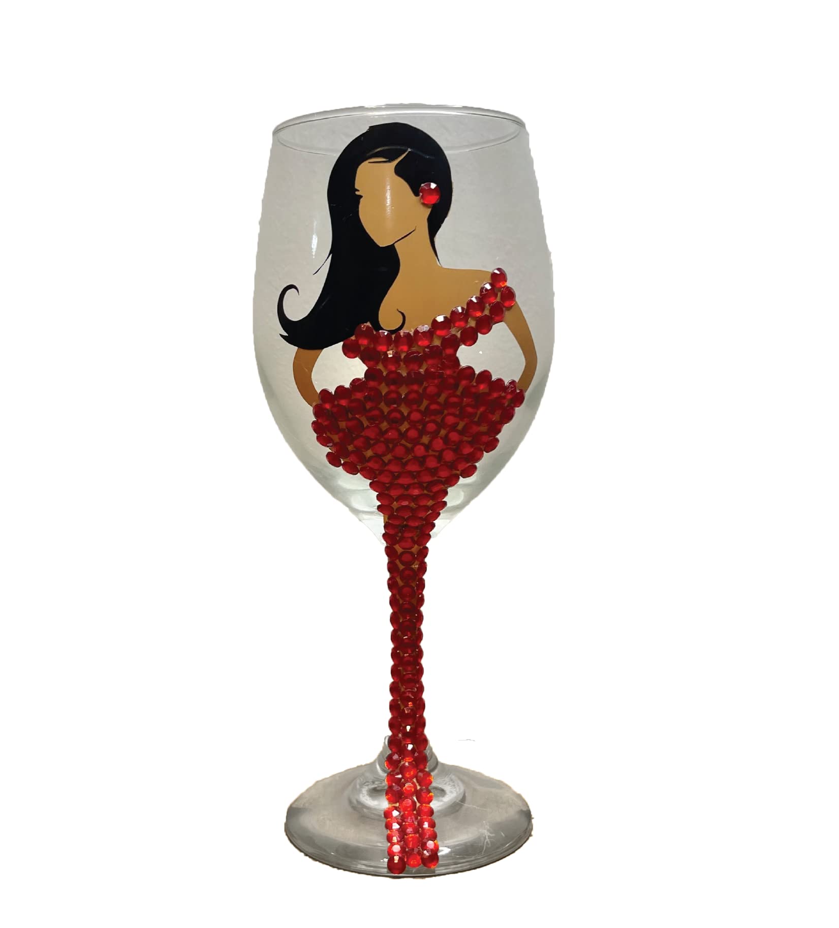 Diva Wine Glass, Long Hair, Large 20oz Decorated Wine Glass, Black, Brown, Woman Drinking Glass, Gift Favours, Gift Favors, Grant Favors, Unique Birthday Gift, Brown Girl on Wine Glass (Red)