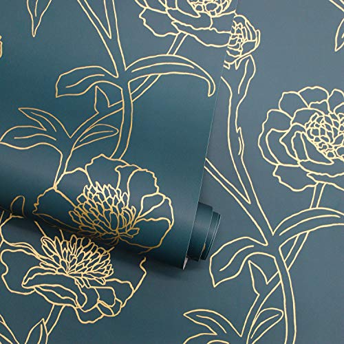 Tempaper Peacock Blue & Metallic Gold Peonies Removable Peel and Stick Floral Wallpaper, 20.5 in X 16.5 ft, Made in the USA