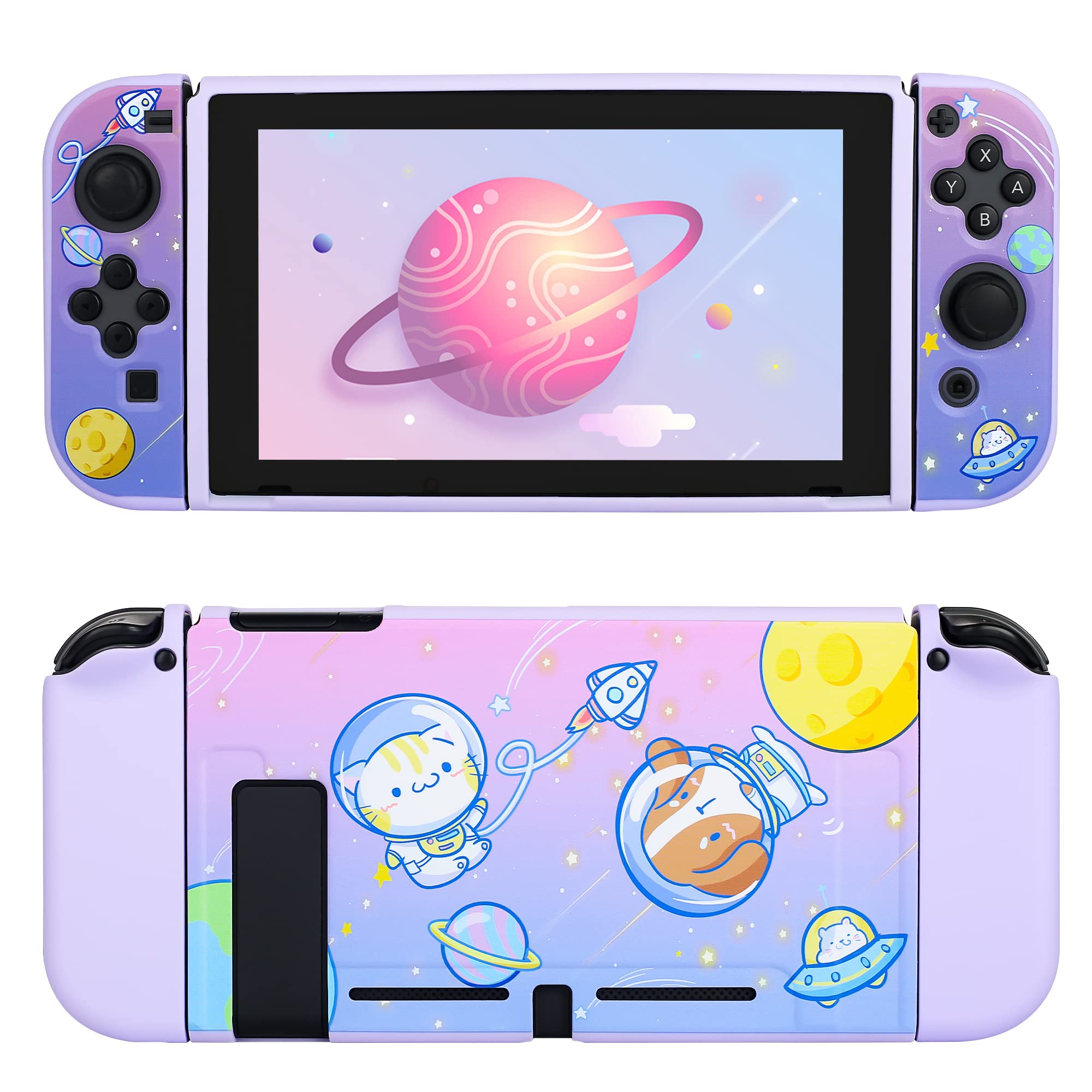 FANPL Purple Case for Nintendo Switch, Soft TPU Protective Case Compatible with Switch Console and Joy Con Controller, Cute Dockable Shell, Kawaii Switch Skin Accessories - Universe Cat & Dog Pattern
