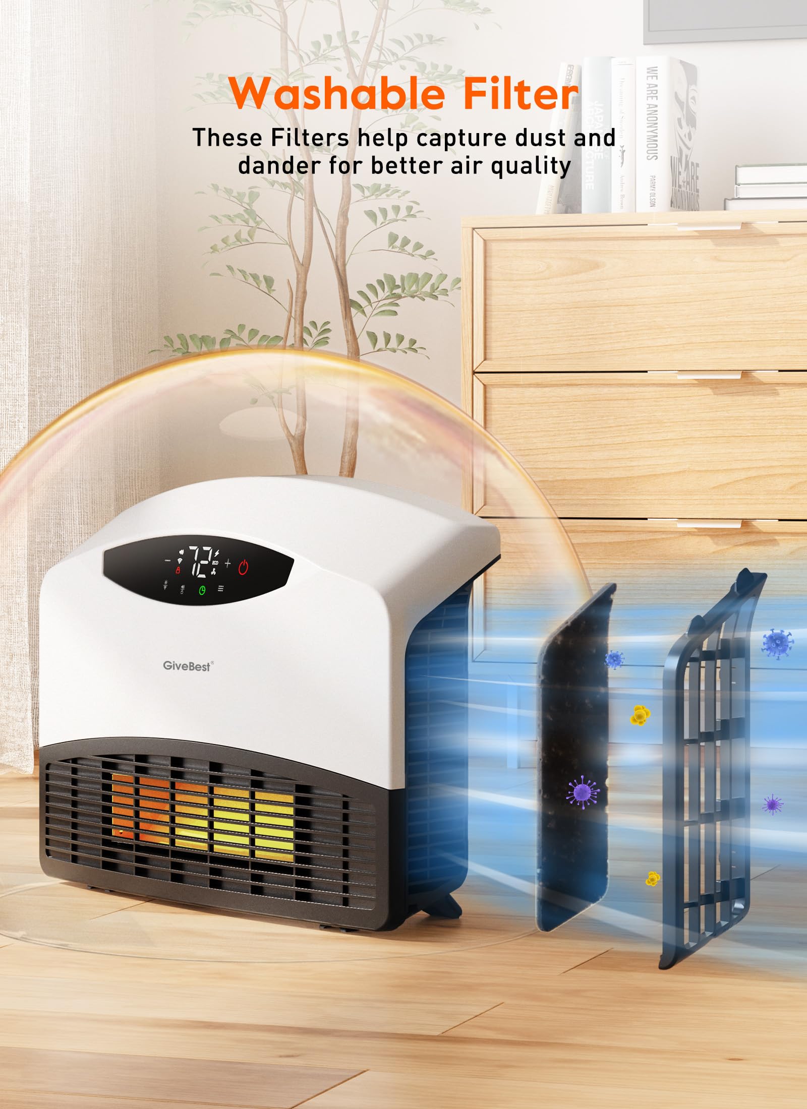 GiveBest Electric Wall Heater with WiFi and Remote Control, Floor or Wall Mounted Heater, Large Room Coverage, 3 Heating Modes, 1500W Fast Heating Space with Thermostat for Indoor Room Use